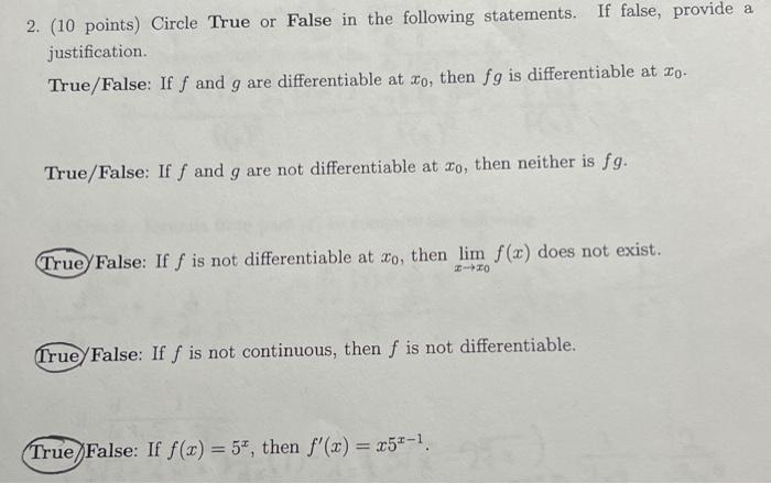 Solved 2. (10 points) Circle True or False in the following | Chegg.com