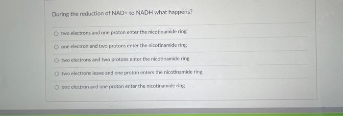 Solved During the reduction of NAD + to NADH what happens? | Chegg.com