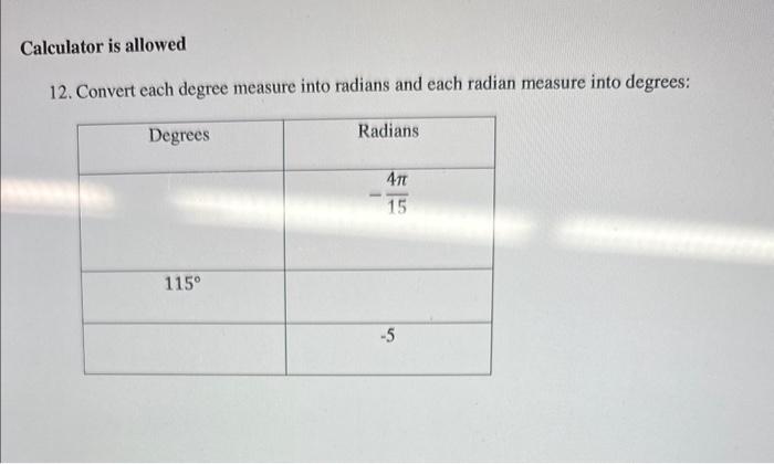 Solved 12. Convert each degree measure into radians and each | Chegg.com