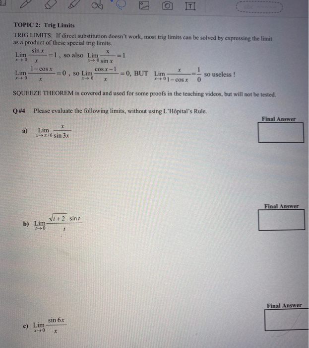 Solved TOPIC 2: Trig Limits TRIG LIMITS: If direct | Chegg.com