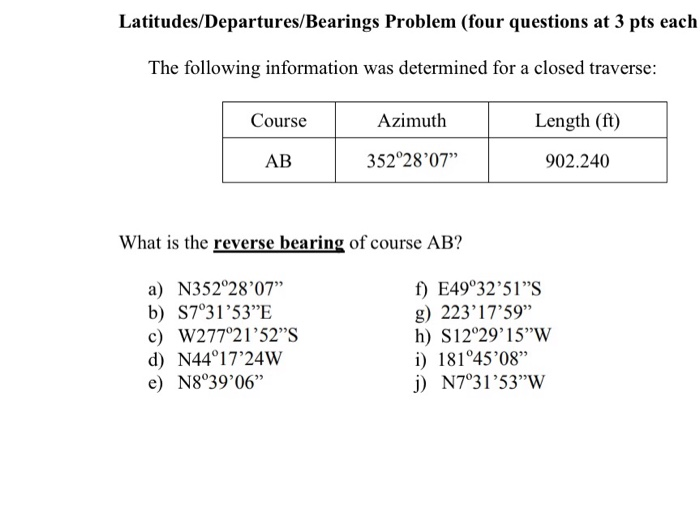 Solved Latitudes/Departures/Bearings Problem (four questions | Chegg.com