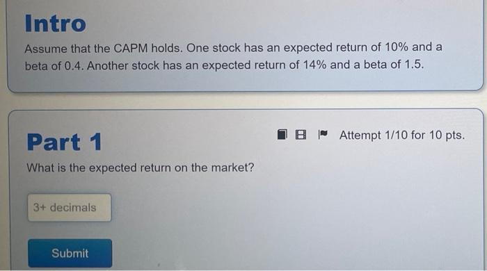 Solved Intro Assume that the CAPM holds. One stock has an | Chegg.com