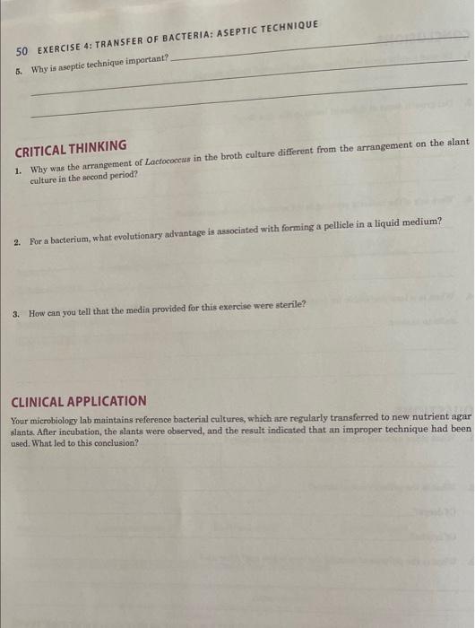 Solved 50 EXERCISE 4: TRANSFER OF BACTERIA: ASEPTIC | Chegg.com