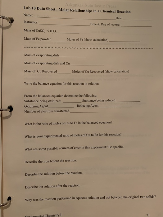 Lab 10 Data Sheet: Molar Relationships in a Chemical | Chegg.com