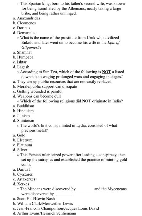 1. This Spartan king, born to his father's second | Chegg.com