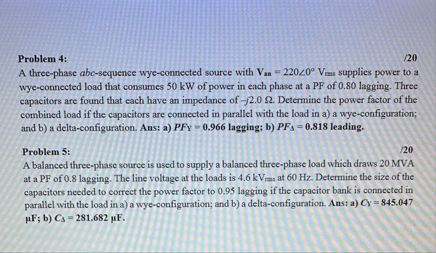 Problem 4:/20A three-phase abc-sequence wye-connected | Chegg.com