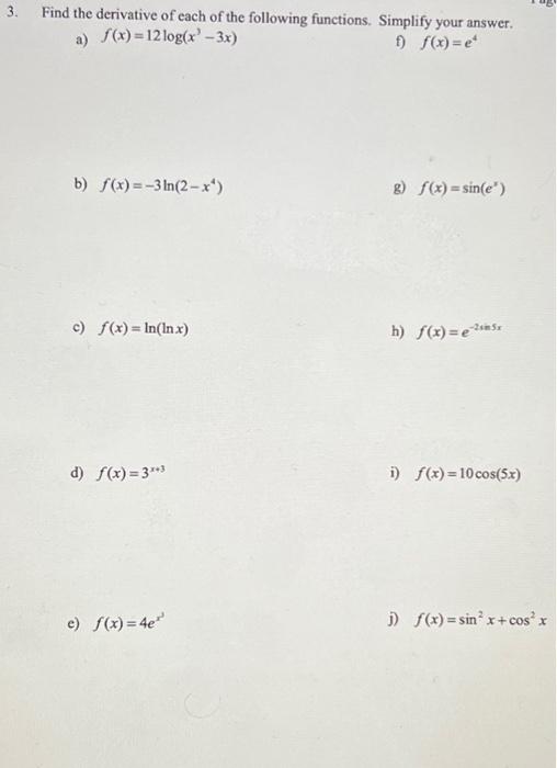 Solved Find the derivative of each of the following | Chegg.com