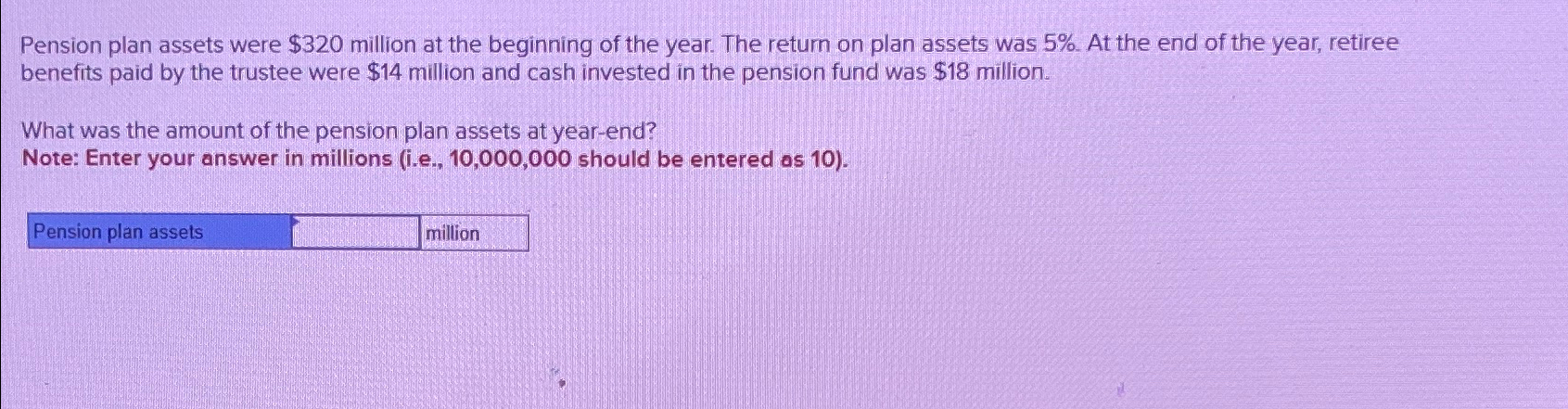 Solved Pension plan assets were $320 ﻿million at the | Chegg.com