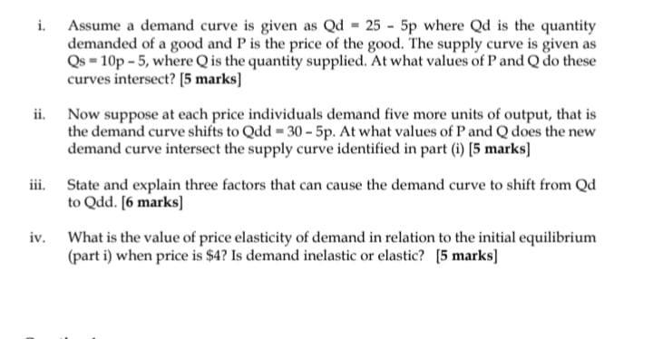 Solved i. Assume a demand curve is given as Qd=25−5p where | Chegg.com