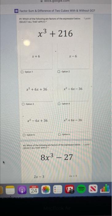 Solved docs.google Factor Sum & Difference of Two Cubes With | Chegg.com