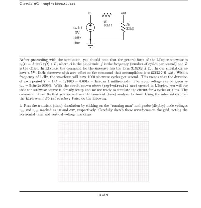 Solved Circuit #1 exp5-circuit1.asc Vin (t) 5V 1kHz sine in | Chegg.com