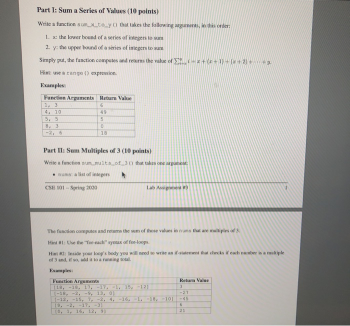 Solved Part I: Sum a Series of Values (10 points) Write a | Chegg.com