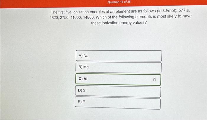 Solved The first five ionization energies of an element are | Chegg.com