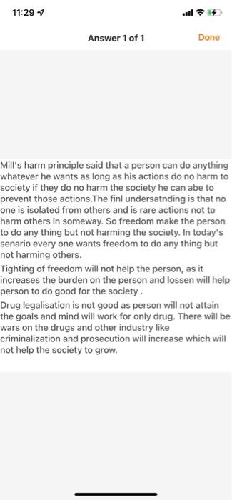 Solved 11:29 4 Answer 1 of 1 Done Mill's harm principle said | Chegg.com