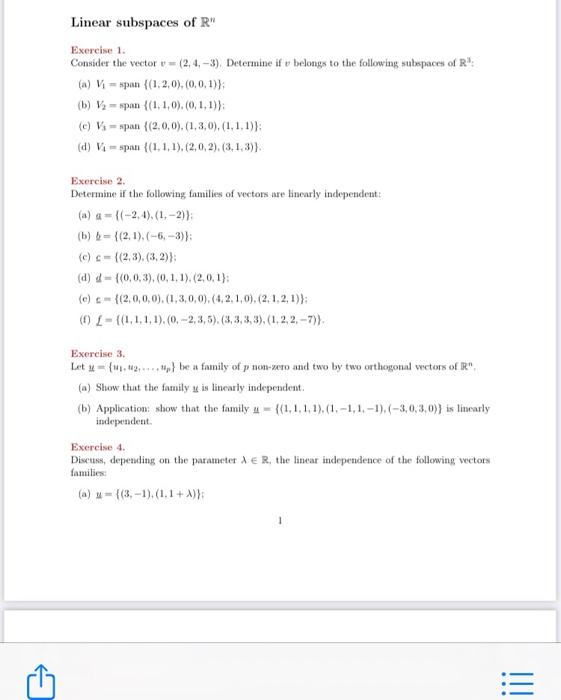 Solved Linear subspaces of R" Exercise 1. Consider the | Chegg.com