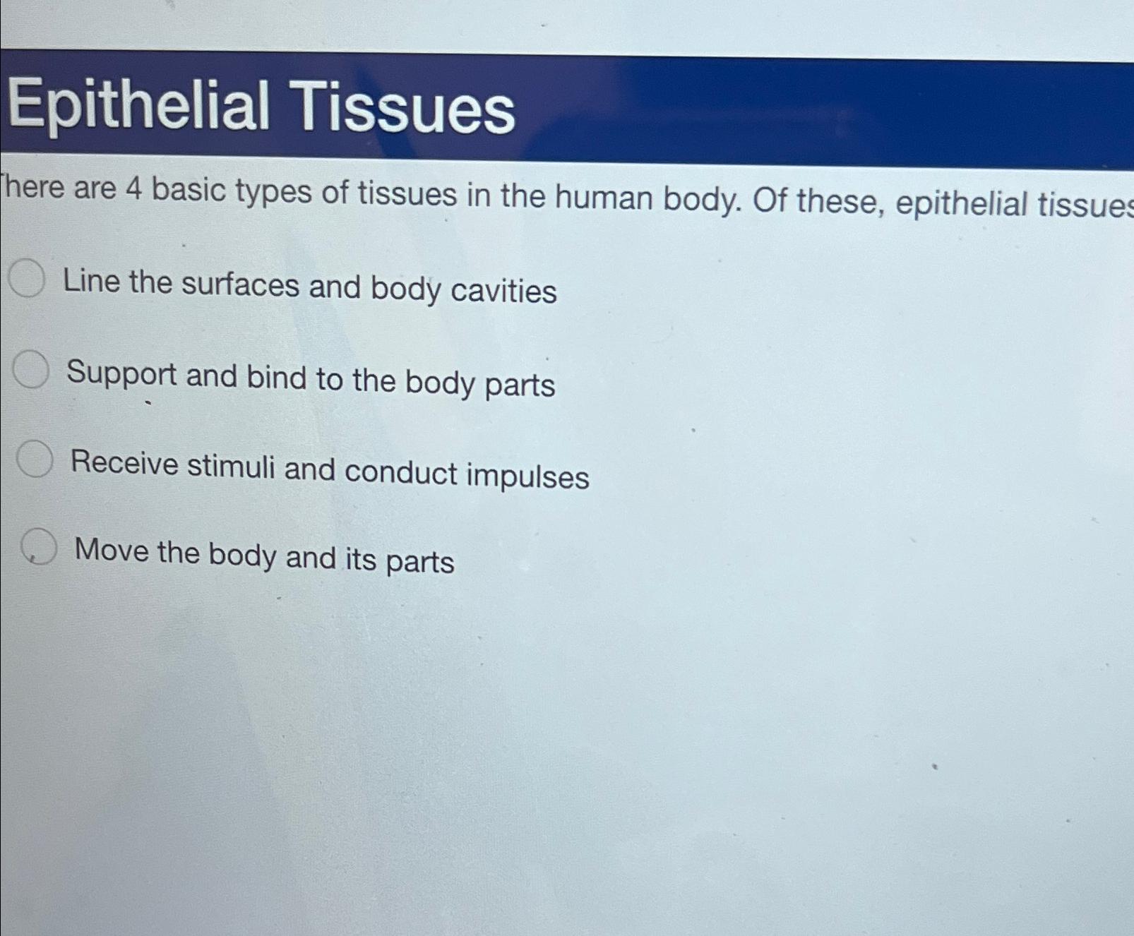 Solved Epithelial Tissueshere are 4 ﻿basic types of tissues | Chegg.com