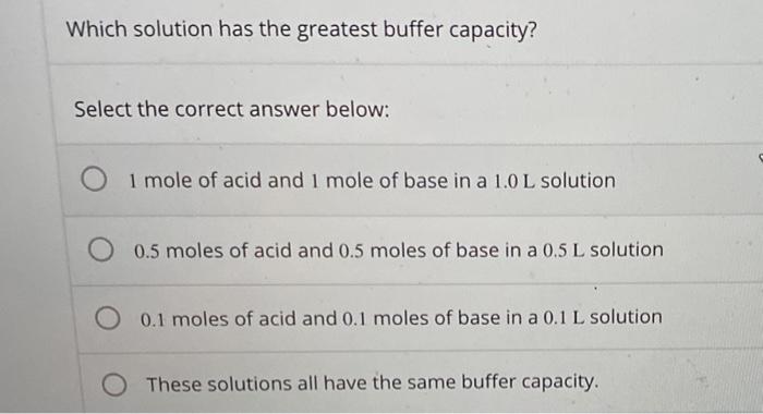 Solved Which solution has the greatest buffer capacity? | Chegg.com