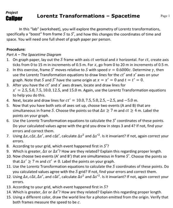 Solved Project Caliper Lorentz Transformations - Spacetime | Chegg.com