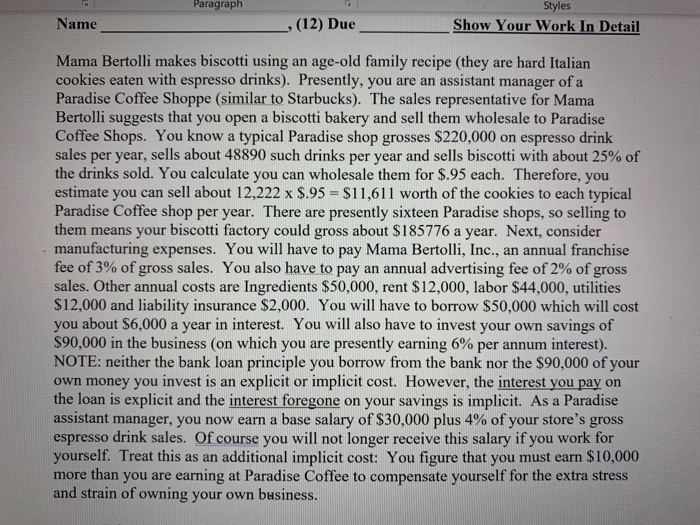 Solved Paragraph Styles Show Your Work In Detail Name (12) | Chegg.com