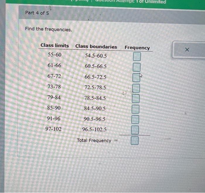 Solved Part 4 of 5 Find the frequencies. Class limits 55-60 | Chegg.com