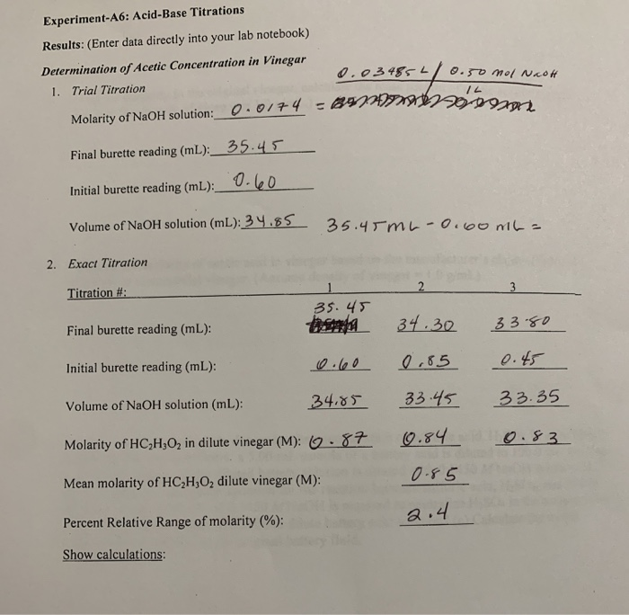 Solved Experiment-A6: Acid-Base Titrations Results: (Enter | Chegg.com