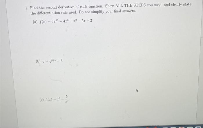 Solved 1. Find the second derivative of each function. Show | Chegg.com