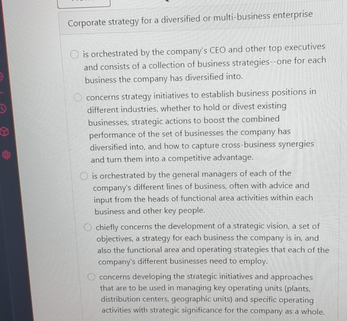 Solved Corporate strategy for a diversified or | Chegg.com