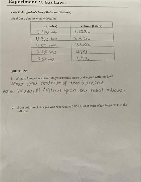Solved Experiment 9: Gas Laws Part C: Avogadro's Law (Moles | Chegg.com