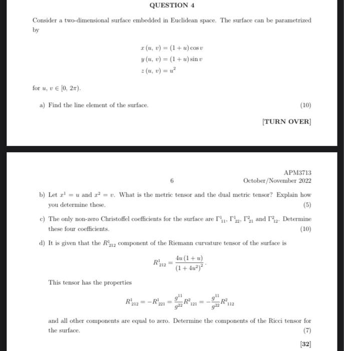 Solved Consider a two-dimensional surface embedded in | Chegg.com
