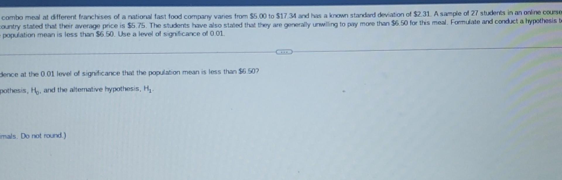 Solved combo meal at different franchises of a national fast | Chegg.com