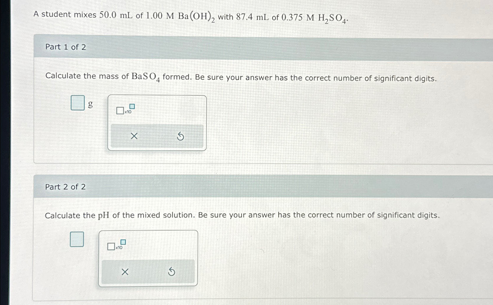 Solved A student mixes 50.0mL ﻿of 1.00MBa(OH)2 ﻿with 87.4mL | Chegg.com