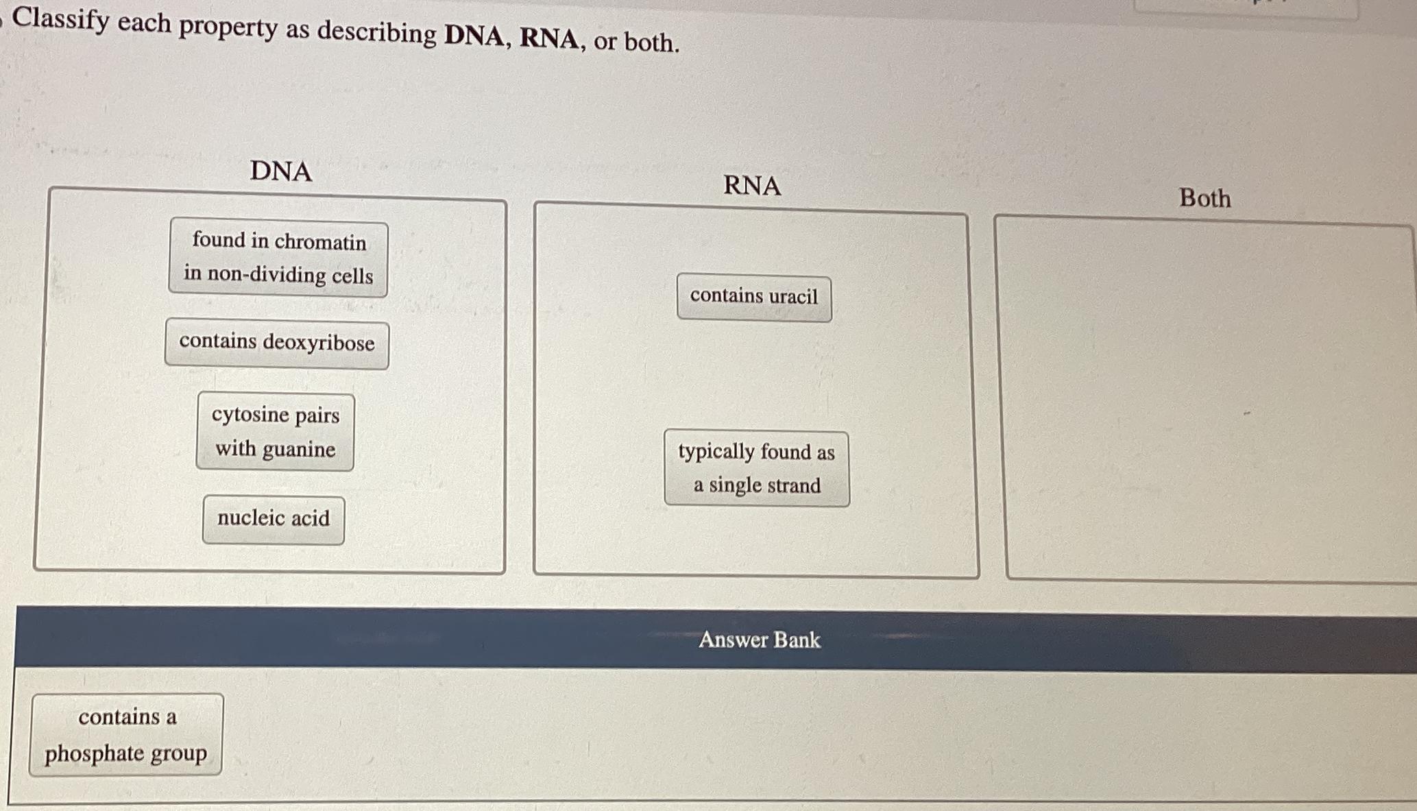 Solved Classify each property as describing DNA, RNA, or | Chegg.com