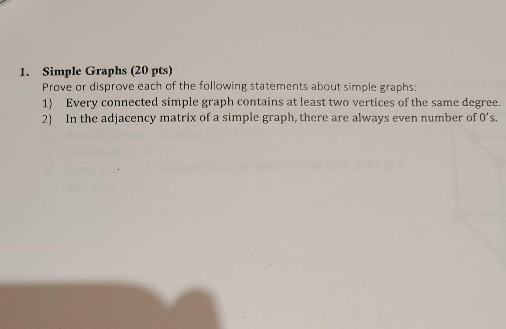 Solved 1. Simple Graphs (20 pts) Prove or disprove each of | Chegg.com