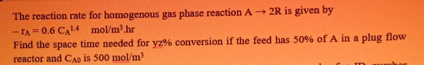 Solved The reaction rate for homogenous gas phase reaction A | Chegg.com