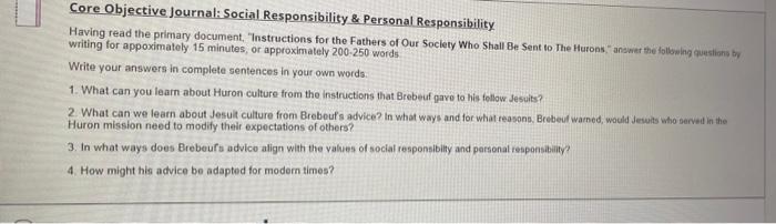 Core Objective Journal: Social Responsibility & | Chegg.com