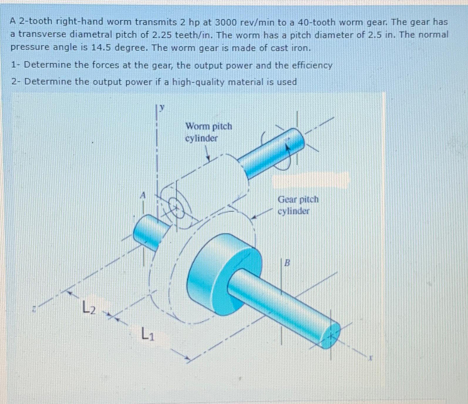 Solved A 2-tooth right-hand worm transmits 2hp ﻿at | Chegg.com