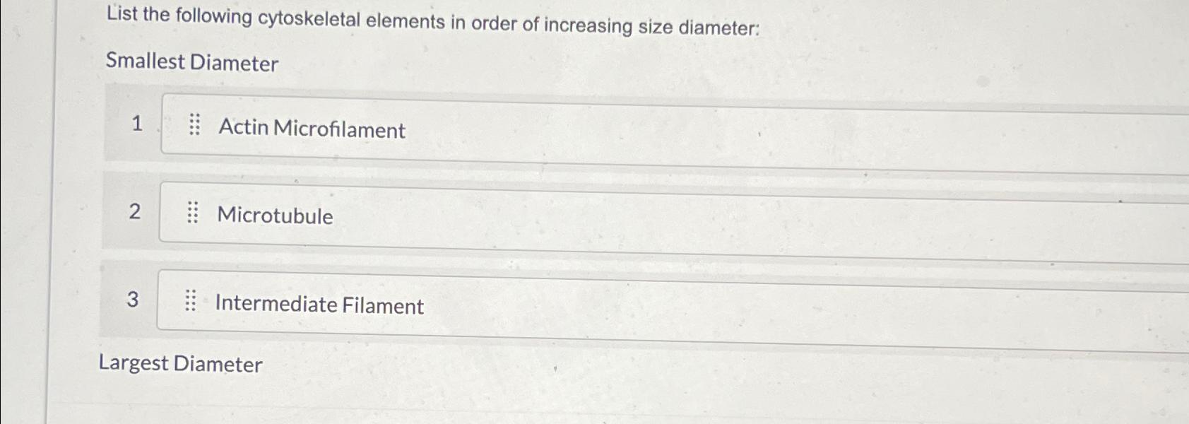 Solved List the following cytoskeletal elements in order of | Chegg.com