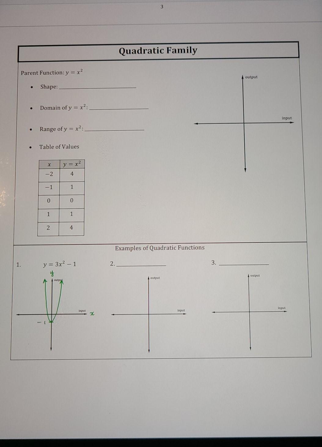 Solved 3 Quadratic Family Parent Function: y = x2 output | Chegg.com