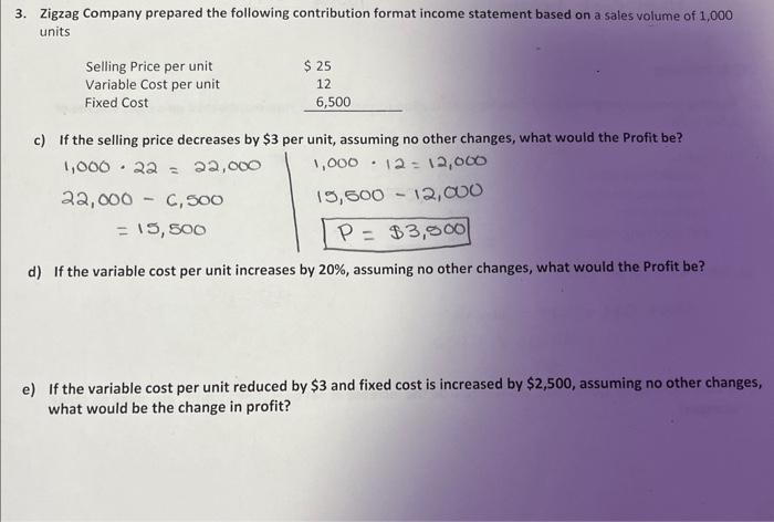 Solved Zigzag Company prepared the following contribution | Chegg.com