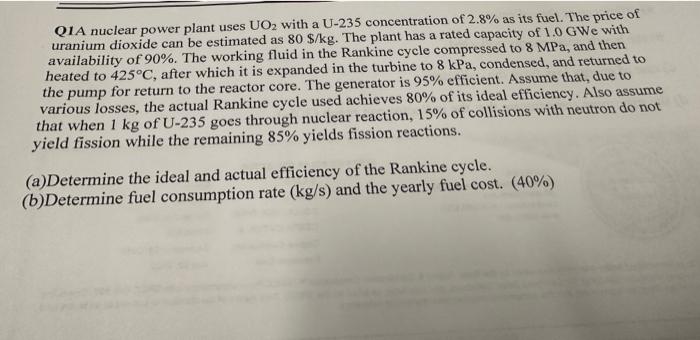Solved Q1A nuclear power plant uses UO2 with a U-235 | Chegg.com