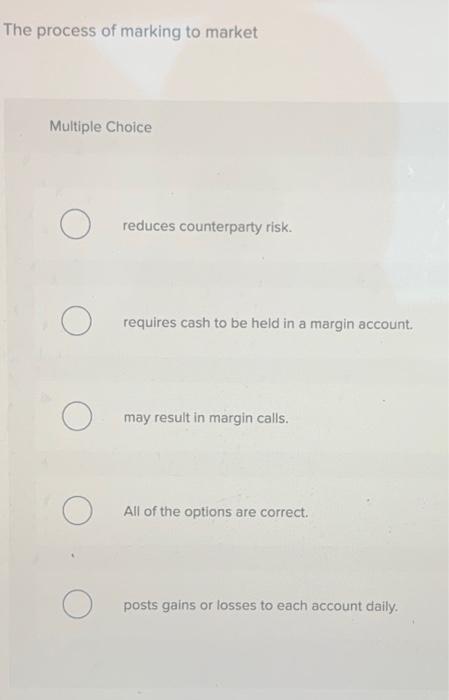 Solved The process of marking to market Multiple Choice | Chegg.com