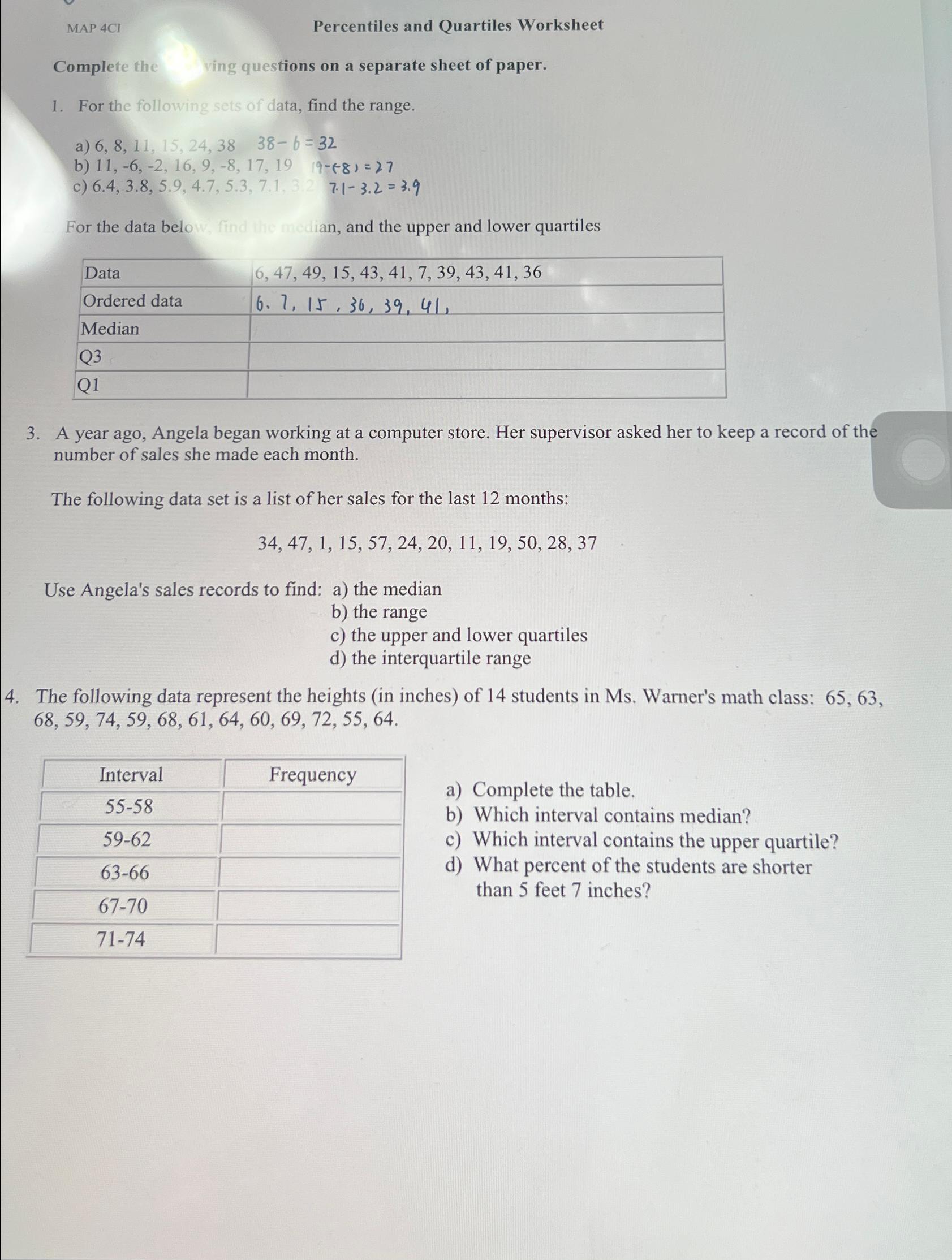 Solved MAP 4CI\\nPercentiles and Quartiles | Chegg.com