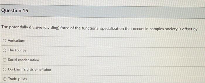 Solved Question 15 The potentially divisive (dividing) force | Chegg.com