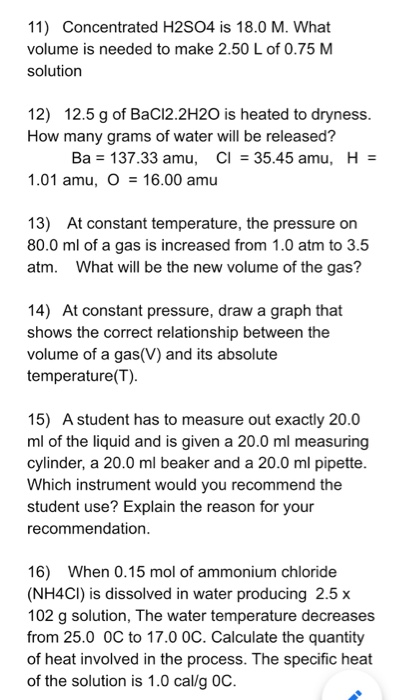 Solved 11) Concentrated H2SO4 is 18.0 M. What volume is | Chegg.com