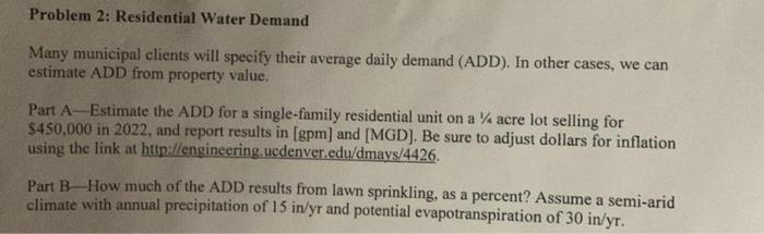 Solved Problem 2: Residential Water Demand Many municipal | Chegg.com