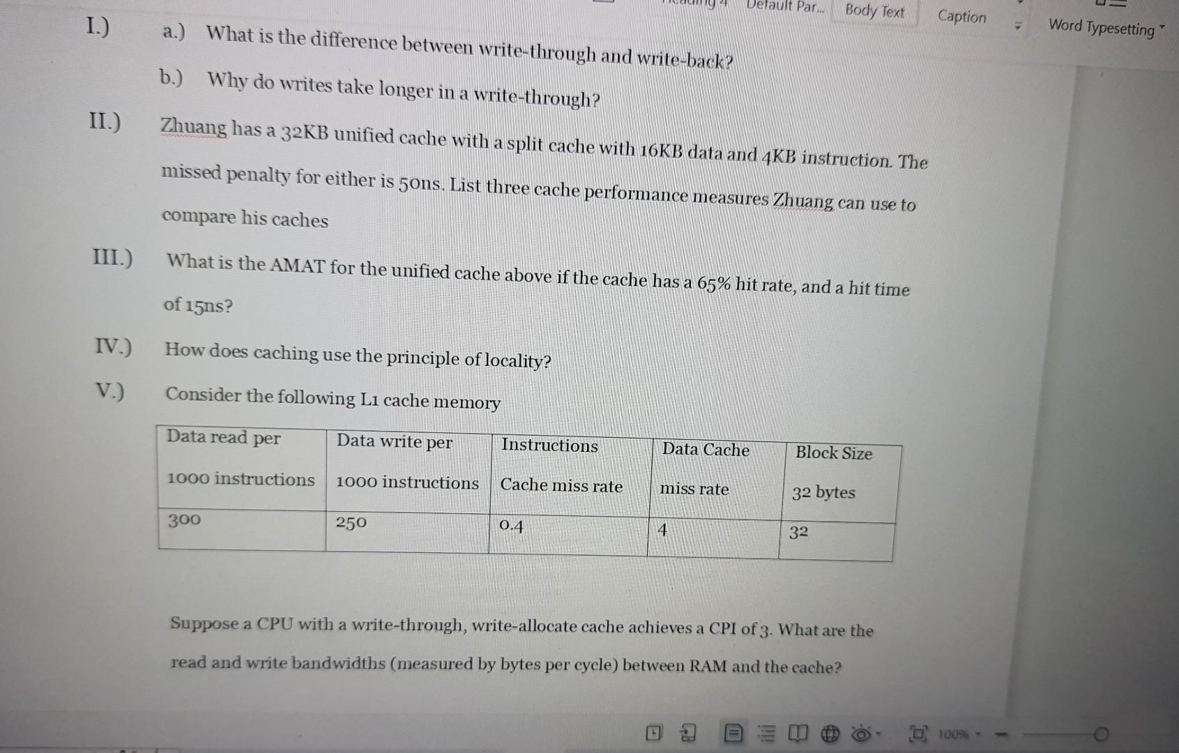 Solved I.) a.) What is the difference between write-through | Chegg.com