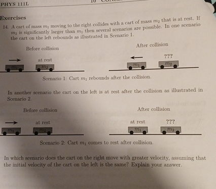 Solved PHYS 111LExercises14. ﻿A cart of mass m1 ﻿moving to | Chegg.com