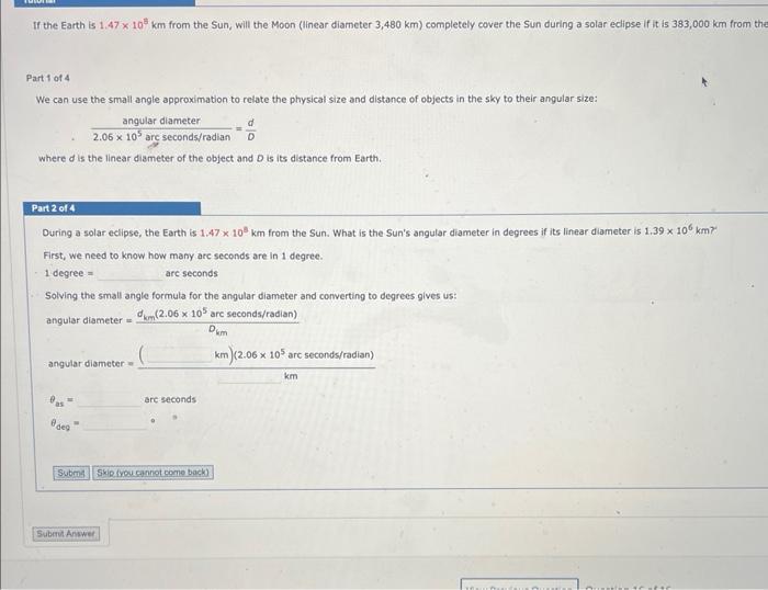 Solved 2.06×105 arc seconds/radian angular diameter =Dd | Chegg.com