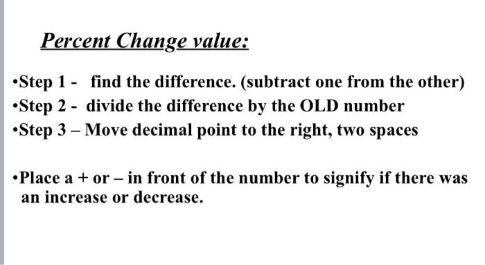Solved Percent Change value: •Step 1 - find the difference. | Chegg.com