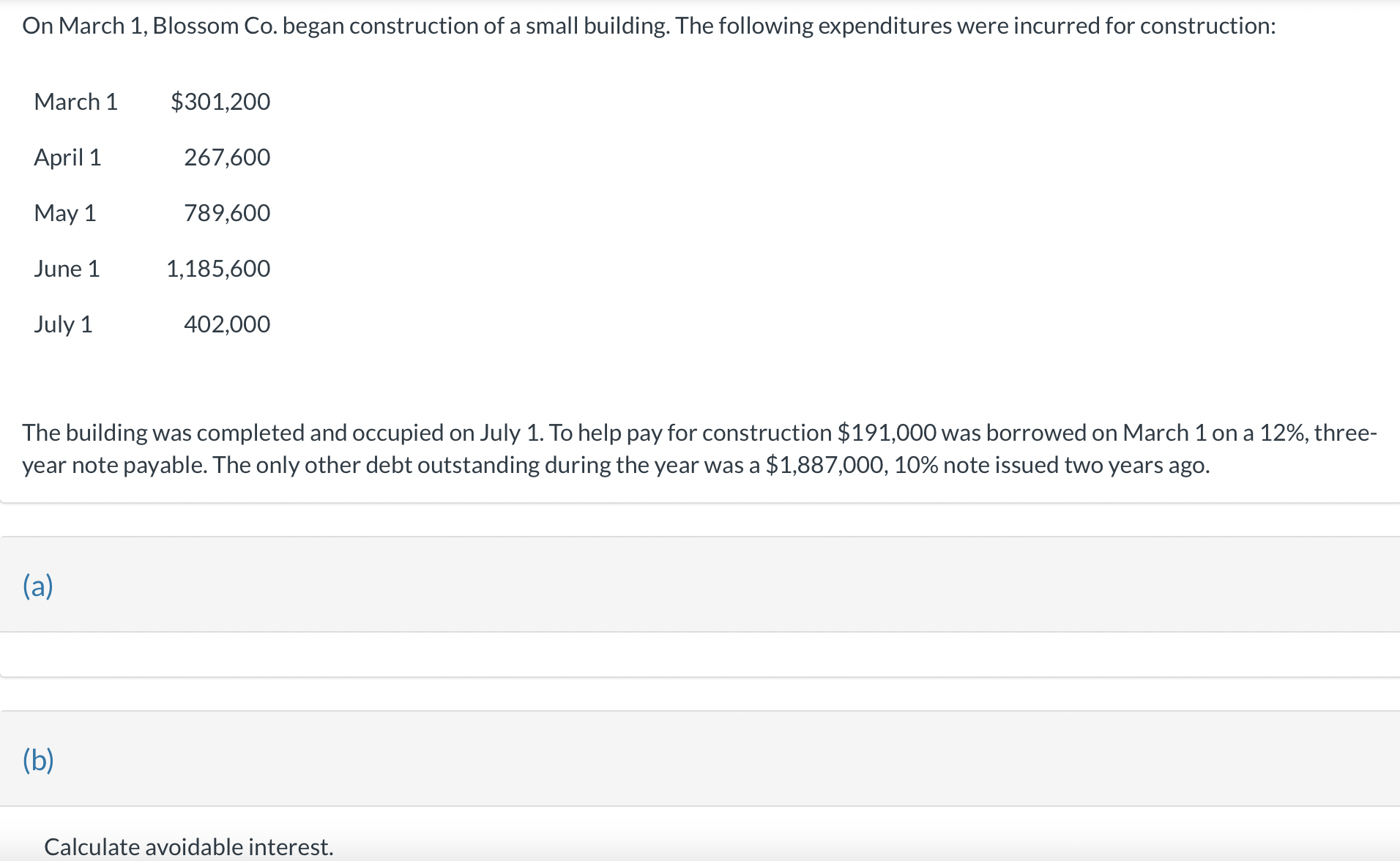 Solved On March 1, ﻿Blossom Co. ﻿began construction of a | Chegg.com